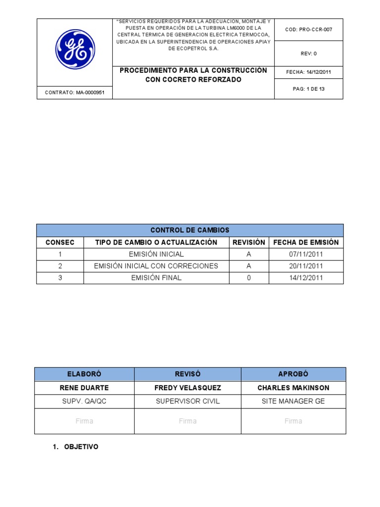 PRO-CCR-007 Procedimiento de Construccion Con Concreto Reforzado (Rev 0) | PDF | Hormigón | Acero