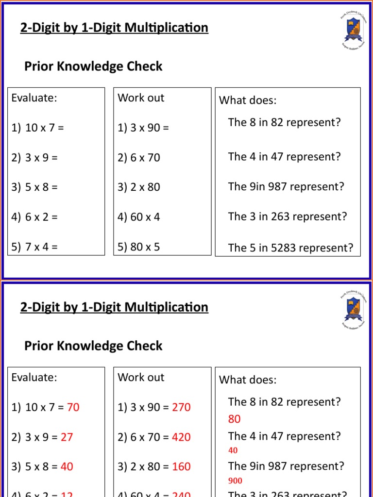 Multiplying 2 Digit by 1 Digit | PDF | Multiplication | Cognition