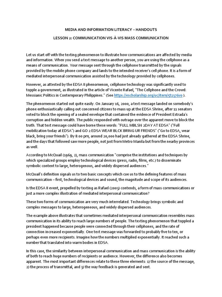 LESSON 2 - Communication Vis-A-Vis Mass Communication | PDF | Communication | Text Messaging