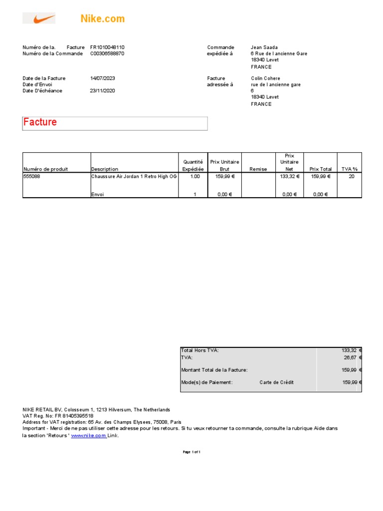 Facture Nike : Commande Air Jordan 1 | PDF | Documents commerciaux ...