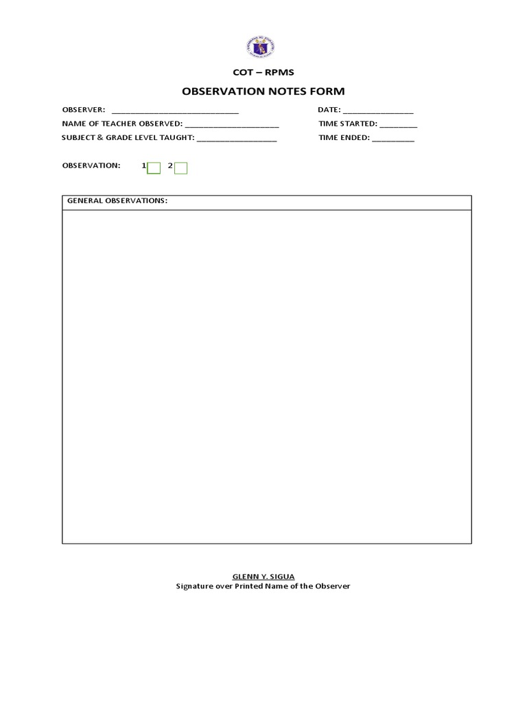COT Observation Notes Template | PDF