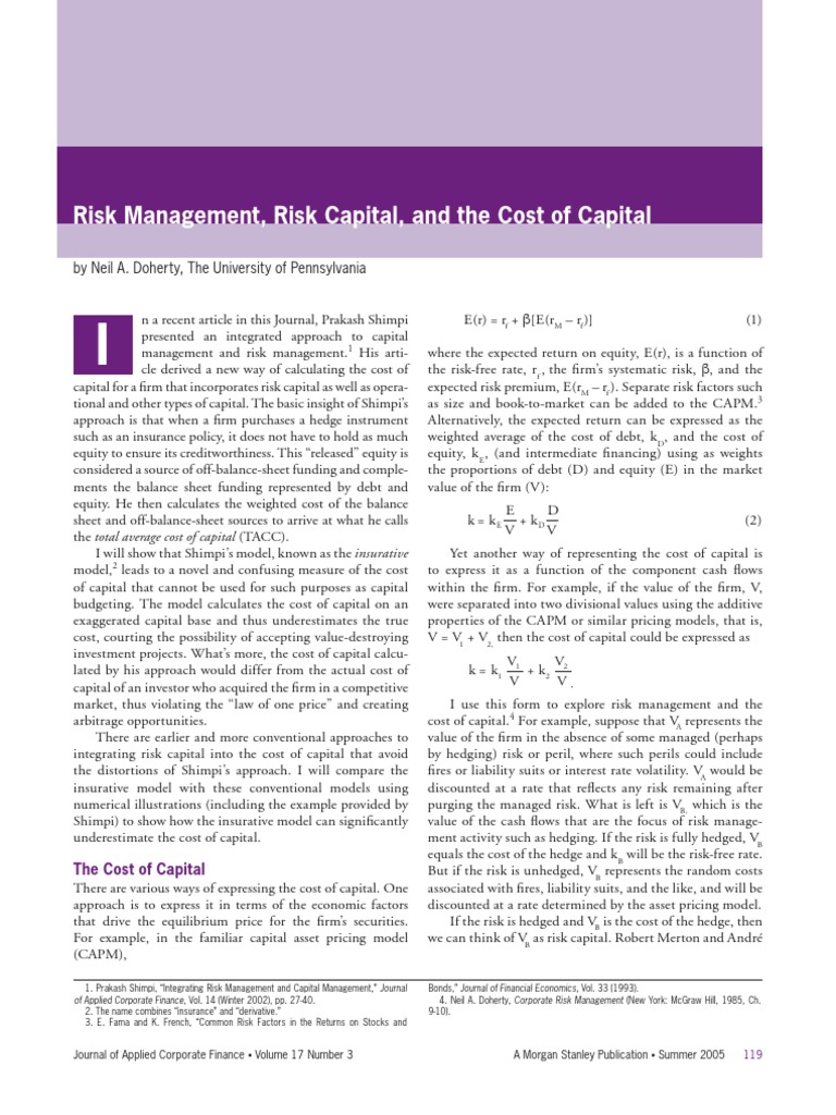 Risk Management Risk Capital And The Cost Of Capital Pdf Cost Of