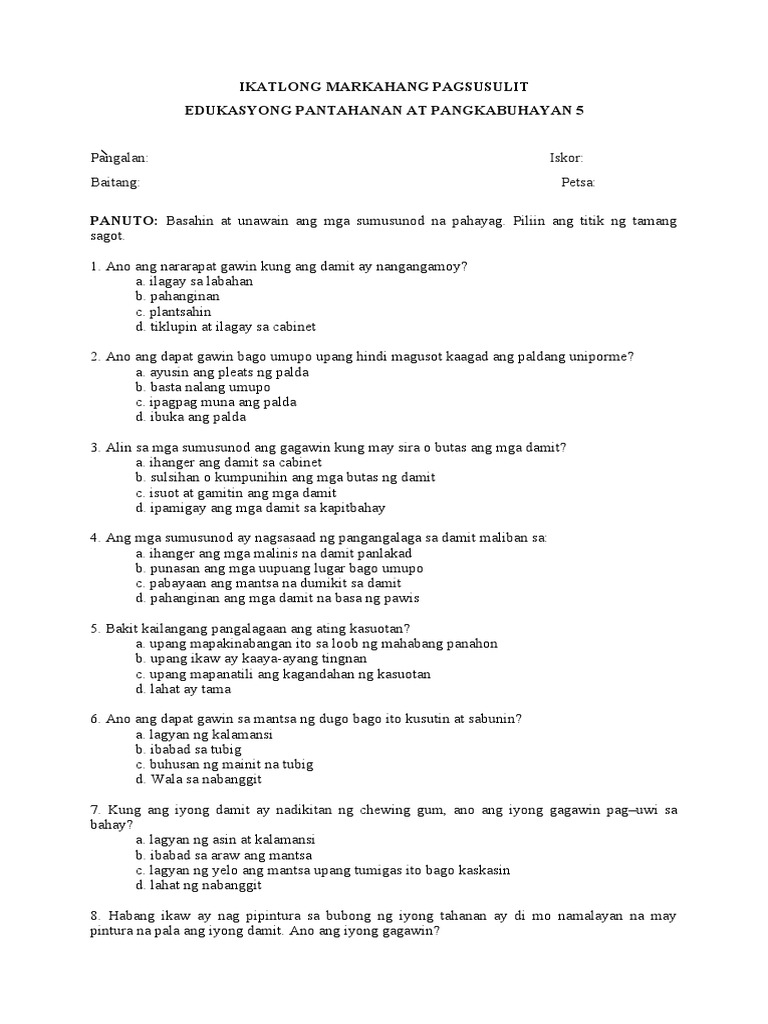 EDUKASYONG PANTAHANAN AT PANGKABUHAYAN 5 (IKATLONG MARKAHANG PAGSUSULIT ...