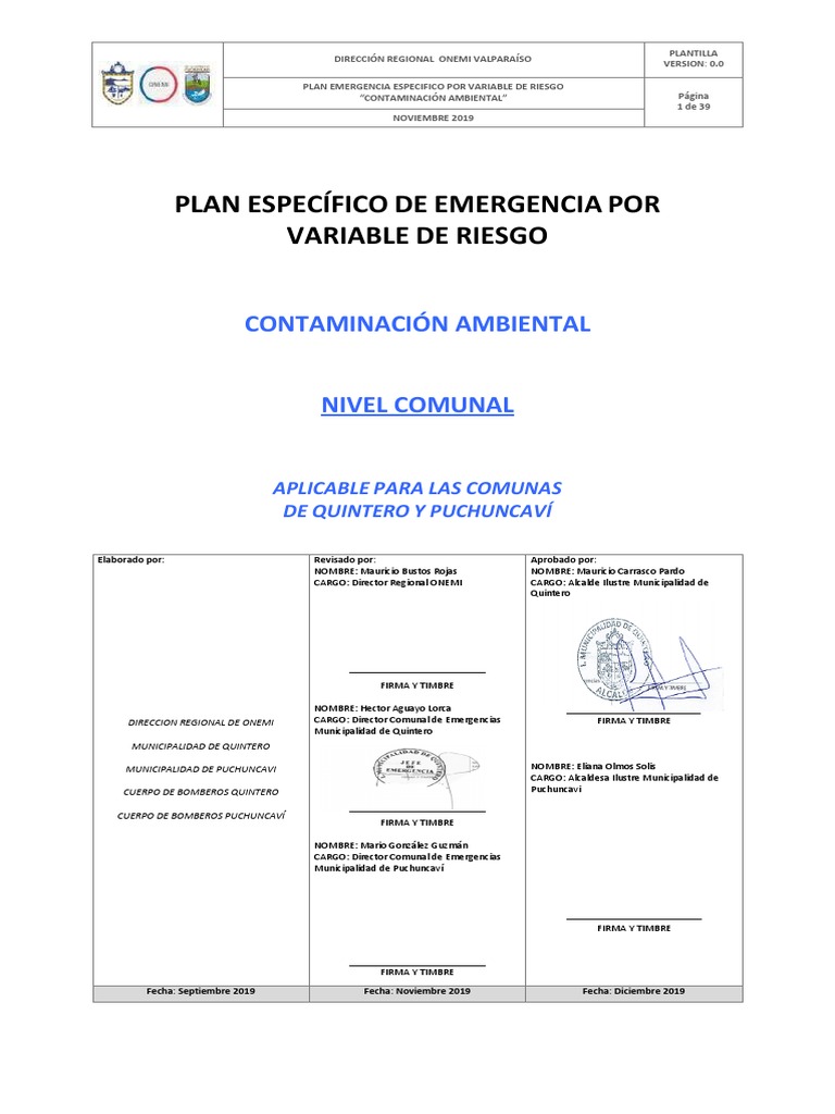 Plan Espec. de Emergencia Comunal Por Variable de Riesgo Contaminacion Ambiental | PDF | La ...