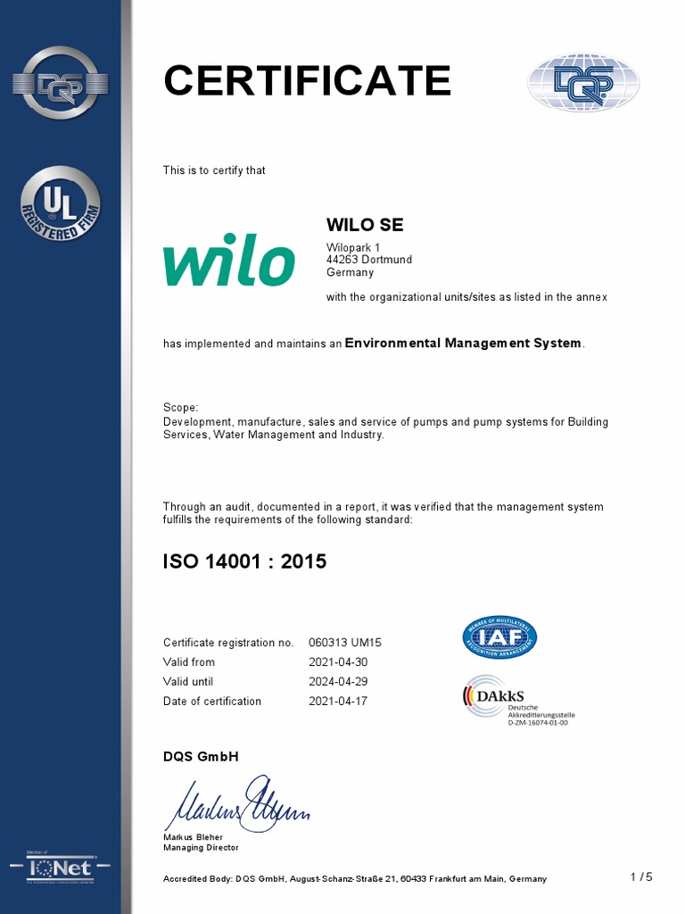 WILO SE ISO 14001 Certification Details | PDF | Hydraulics
