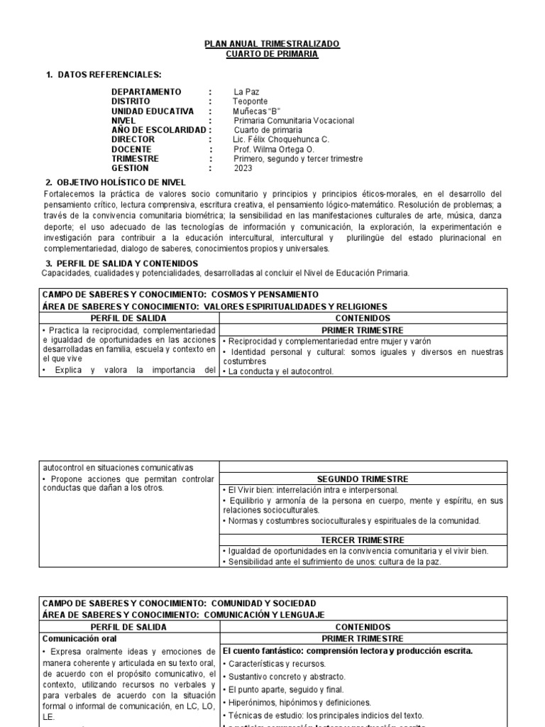 Pat 4to de Primaria U.E. Muñecas B 2023 | PDF | Comprensión lectora ...