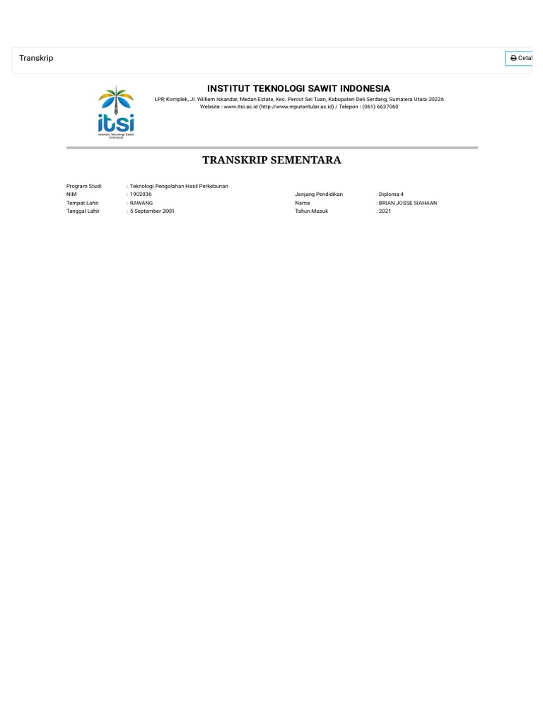 Transkrip Brian ITSI Medan | PDF