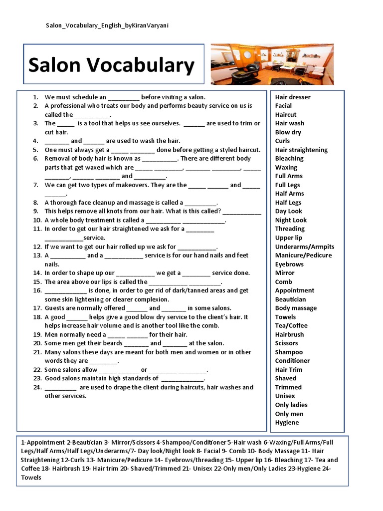 Salon Vocabulary Worksheet Templates Layouts - 133772 | Download Free ...