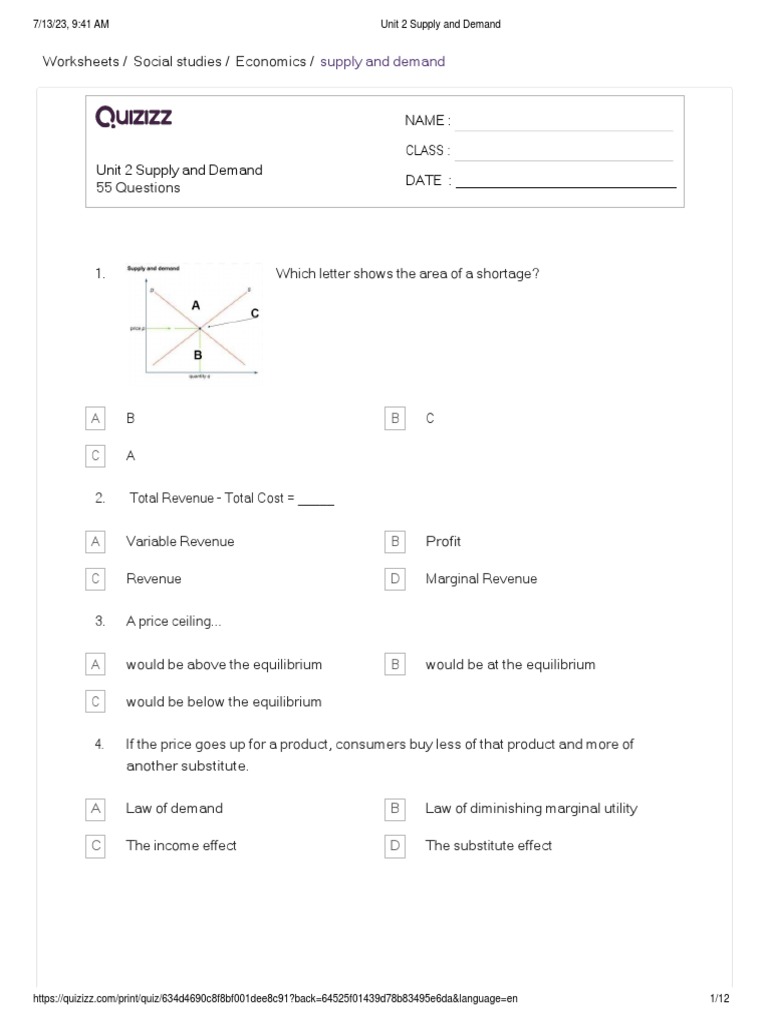 Supply and Demand Quiz Questions | PDF | Demand | Economic Equilibrium