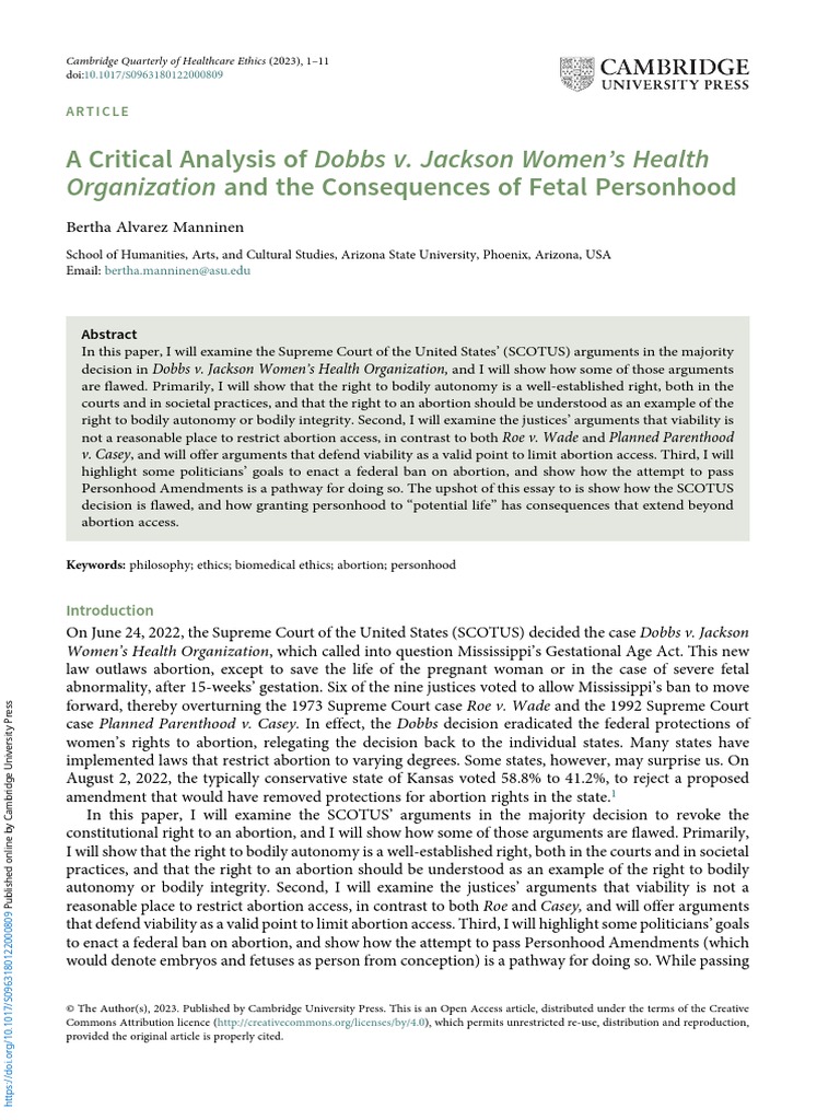 A Critical Analysis of Dobbs V Jackson Womens Health Organization and The Consequences of Fetal ...