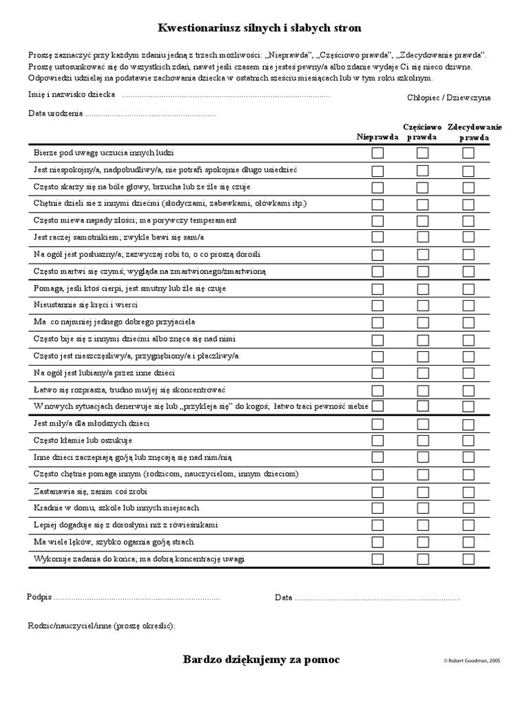 SDQ - Kwestionariusz Mocnych I Slabych Stron - Rodzic Opiekun | PDF SDQ - Kwestionariusz Mocnych I Slabych Stron - Rodzic Opiekun | PDF
