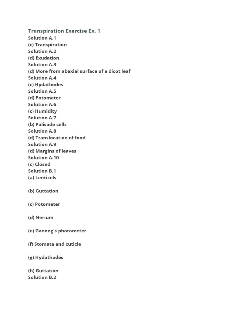 Transpiration Exercise Ex | PDF | Stoma | Leaf