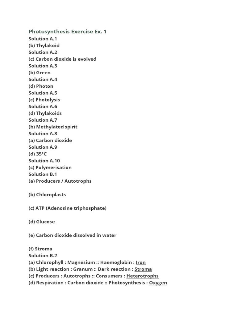 Photosynthesis Exercise Solutions | PDF | Photosynthesis | Chloroplast