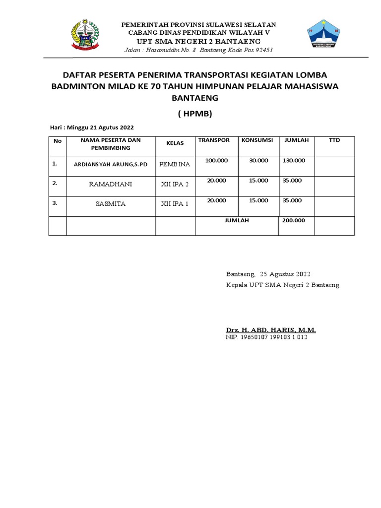 Daftar Hadir Penerima Transport Peserta HPMB | PDF