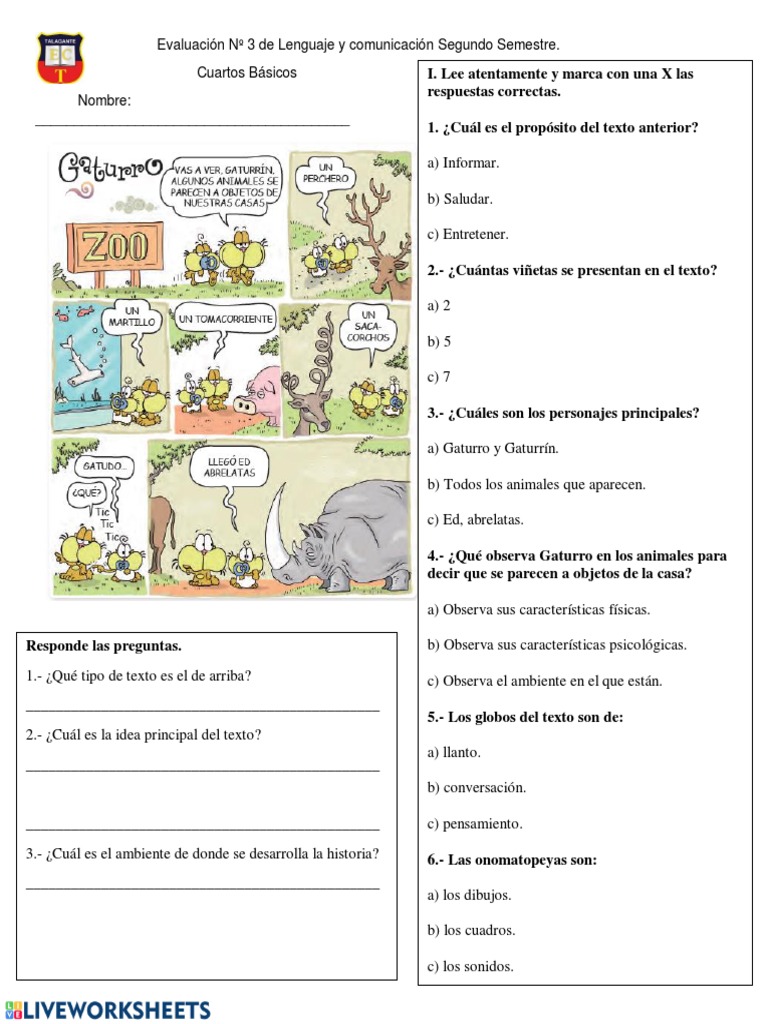 Examen 4° Historieta | PDF | Predicado (Gramática) | Asunto (gramática)