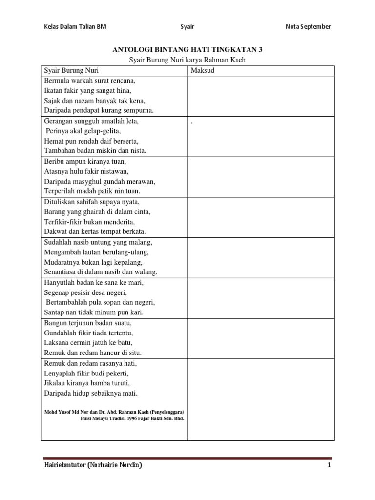 Nota Syair Tingkatan 3 | PDF