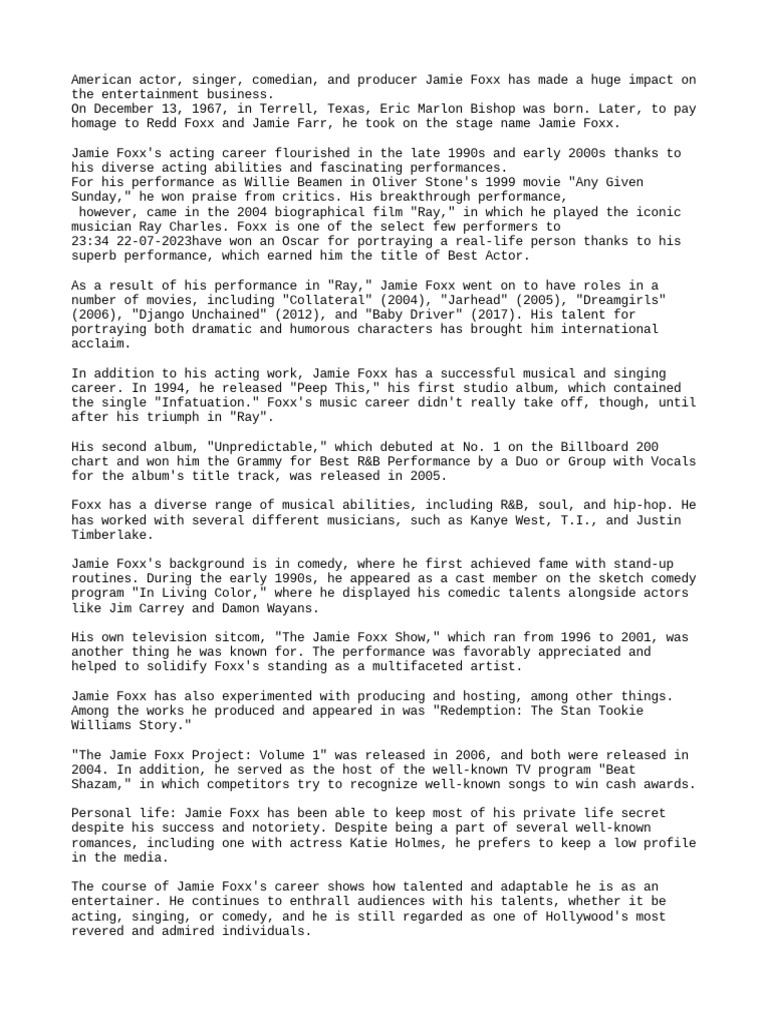 Jamie Foxx: Versatile Entertainer | PDF | Classics