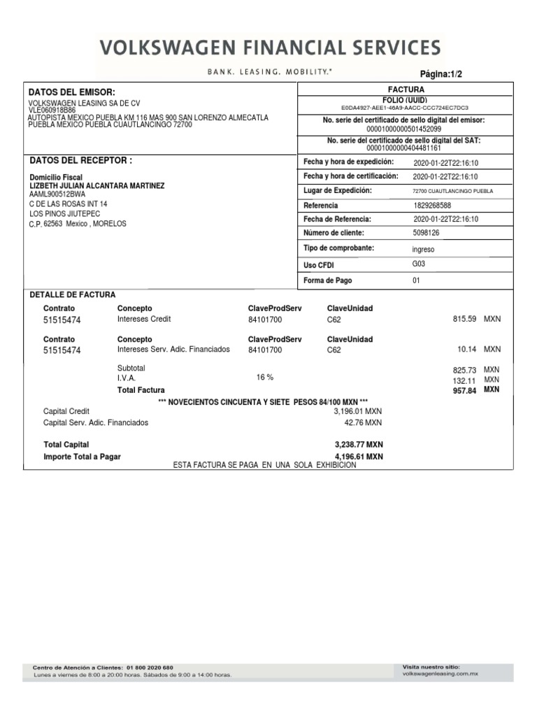 Factura Volkswagen Leasing México | PDF