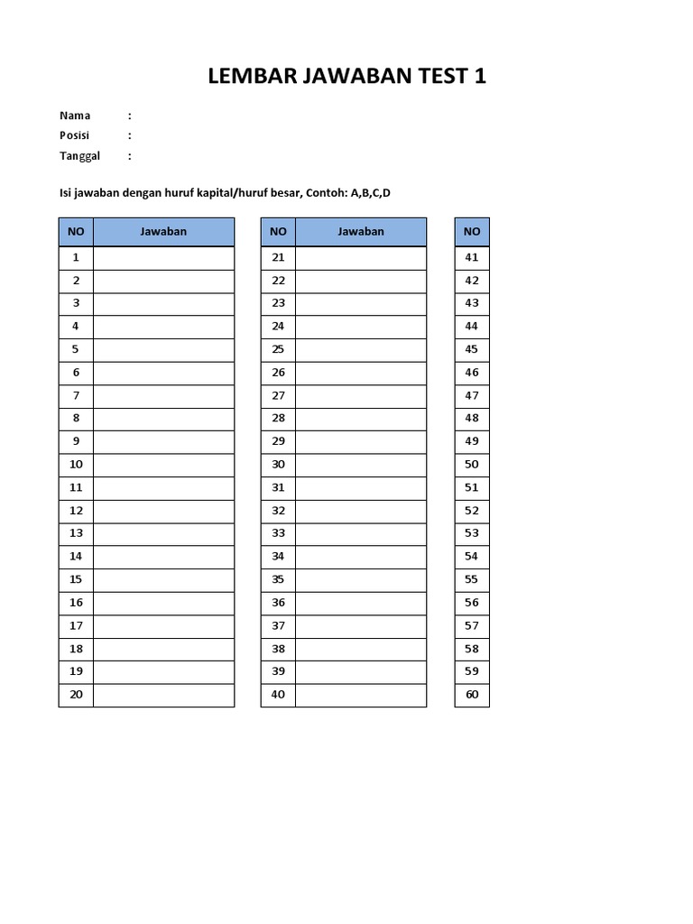 Lembar Jawaban Test No 1 | PDF