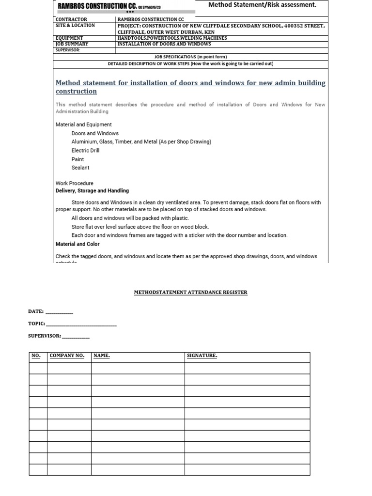 METHOD STATEMENT Doors and Windows | PDF | Business | Technology & Engineering