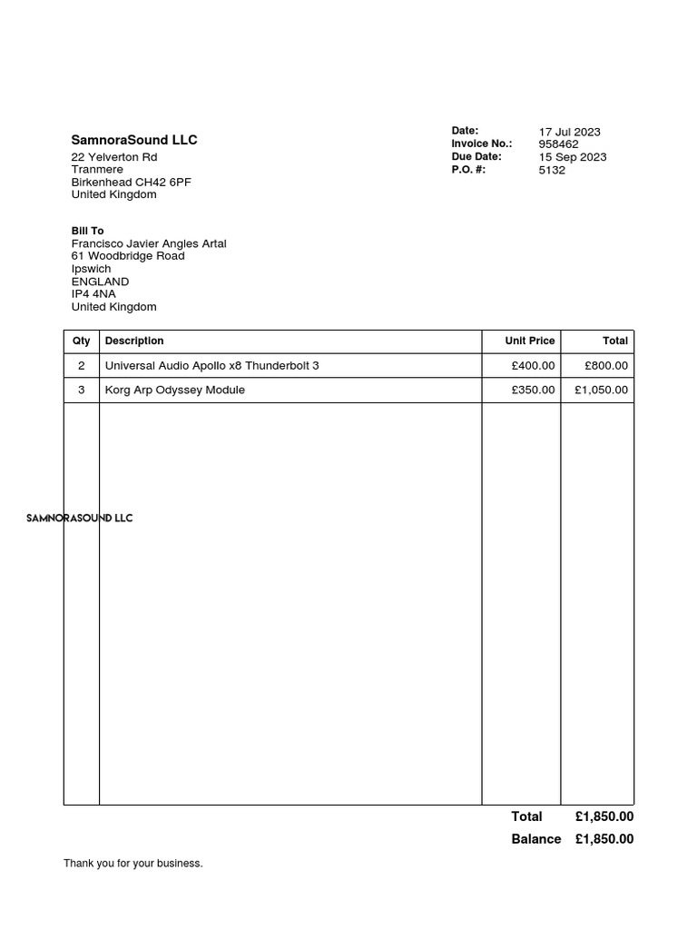 SamnoraSound LLC Invoice 958462 | PDF