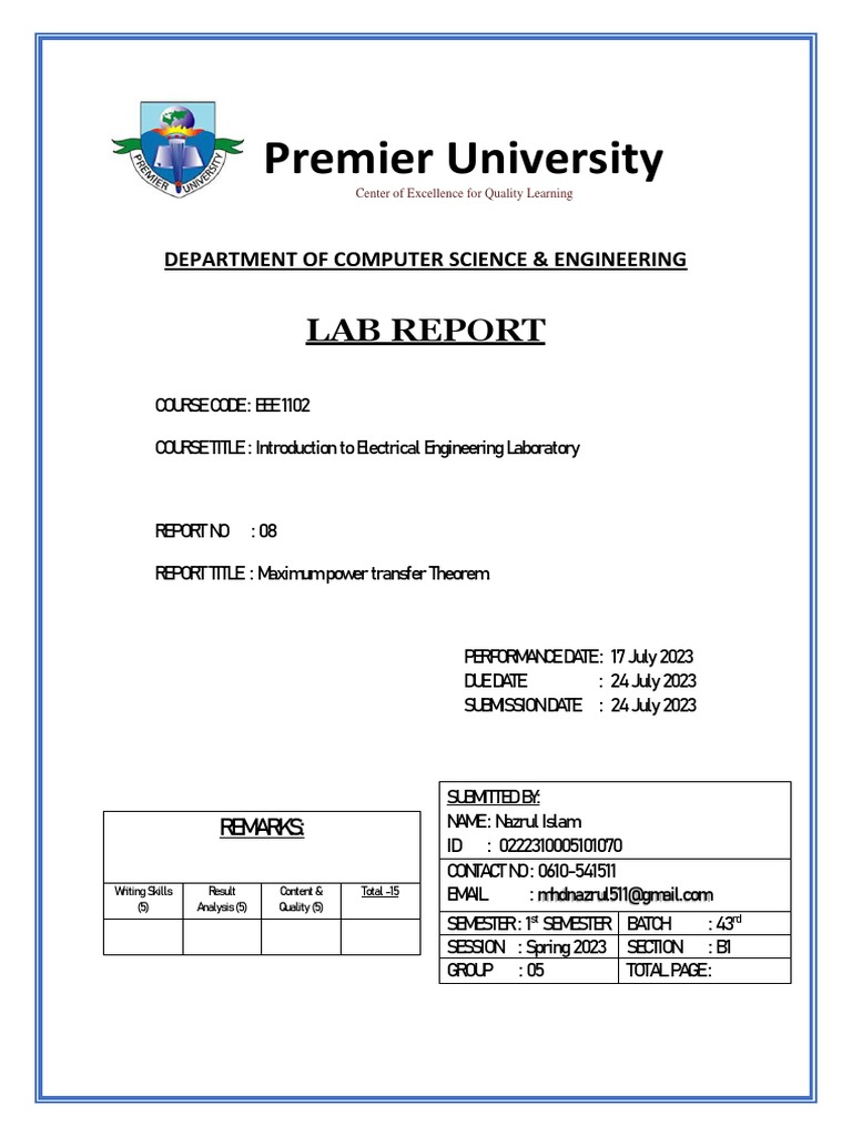 EEE 1102 Lab Report Cover Page | PDF