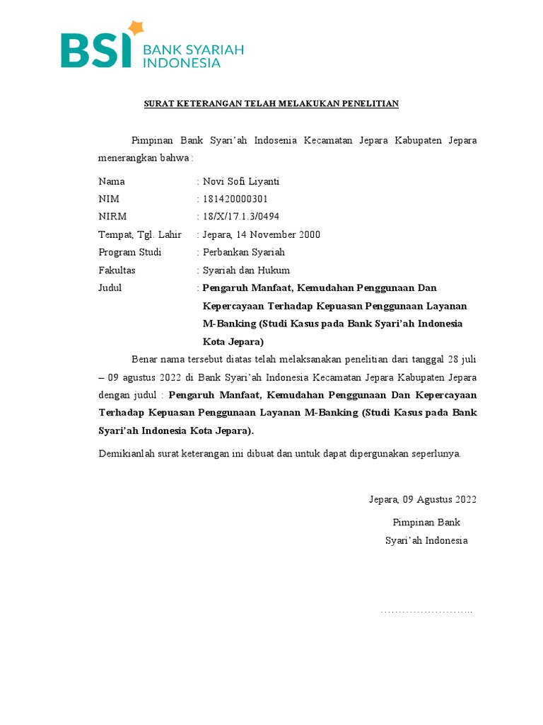 Surat Keterangan Penelitian M-Banking | PDF