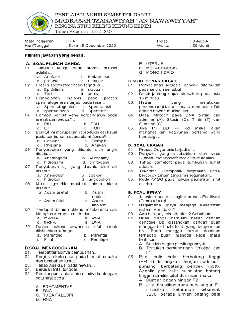 Soal Ipa 9a Pas Ganjil 2022-2023 | PDF