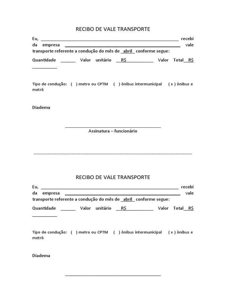 Modelo De Recibo De Vale Transporte Em Dinheiro V Rios Modelos ...