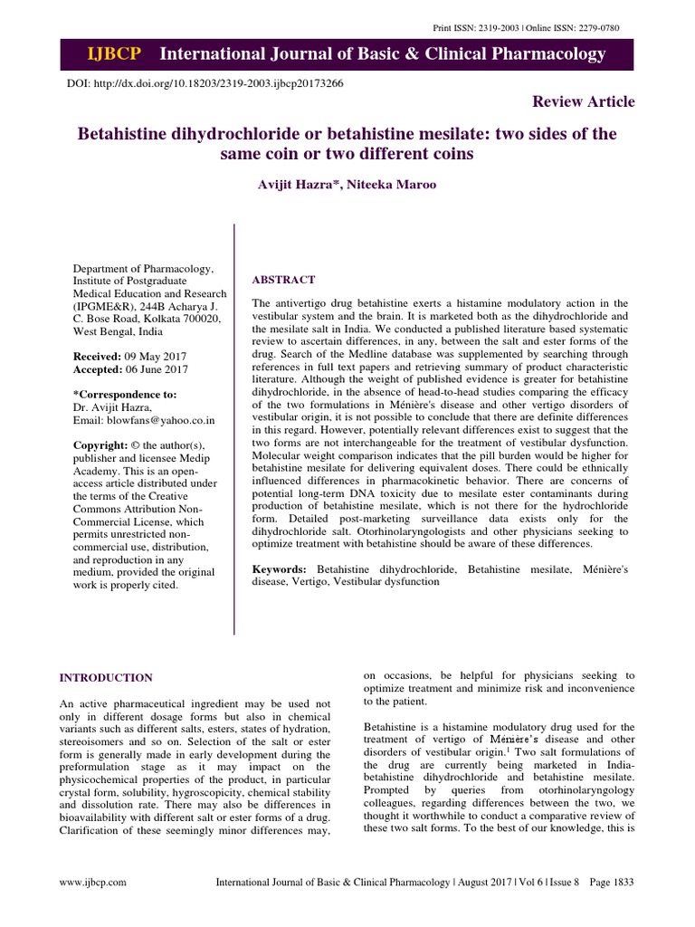 Betahistine Dihidrochloride Betahistin Mesilate | PDF | Vertigo ...