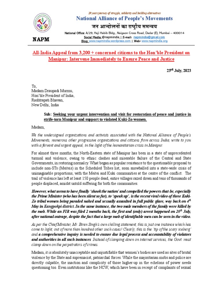 All-India Appeal To The Hon'Ble President On Manipur | PDF | Politics ...