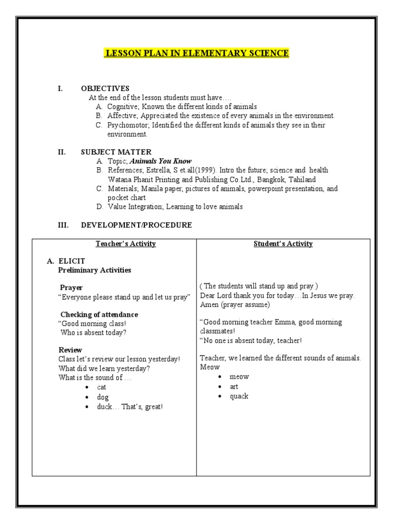 7E's Detailed Lesson Plan: Animals | PDF | Prayer | Chicken