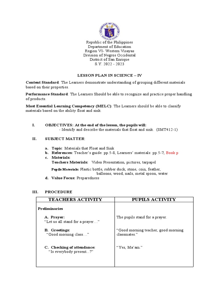 Edited Lesson Plan in Science | PDF | Buoyancy | Lesson Plan