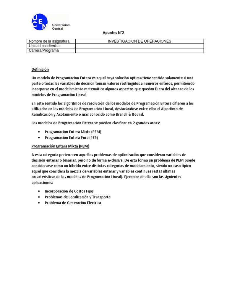 Lectura - 01 - Programacion Entera | PDF | Programación lineal | Algoritmos