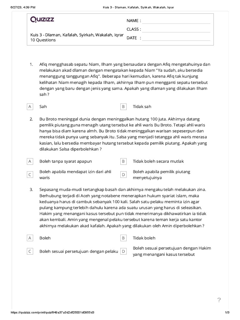 Kuis 3 - Dlaman, Kafalah, Syirkah, Wakalah, Iqrar | PDF