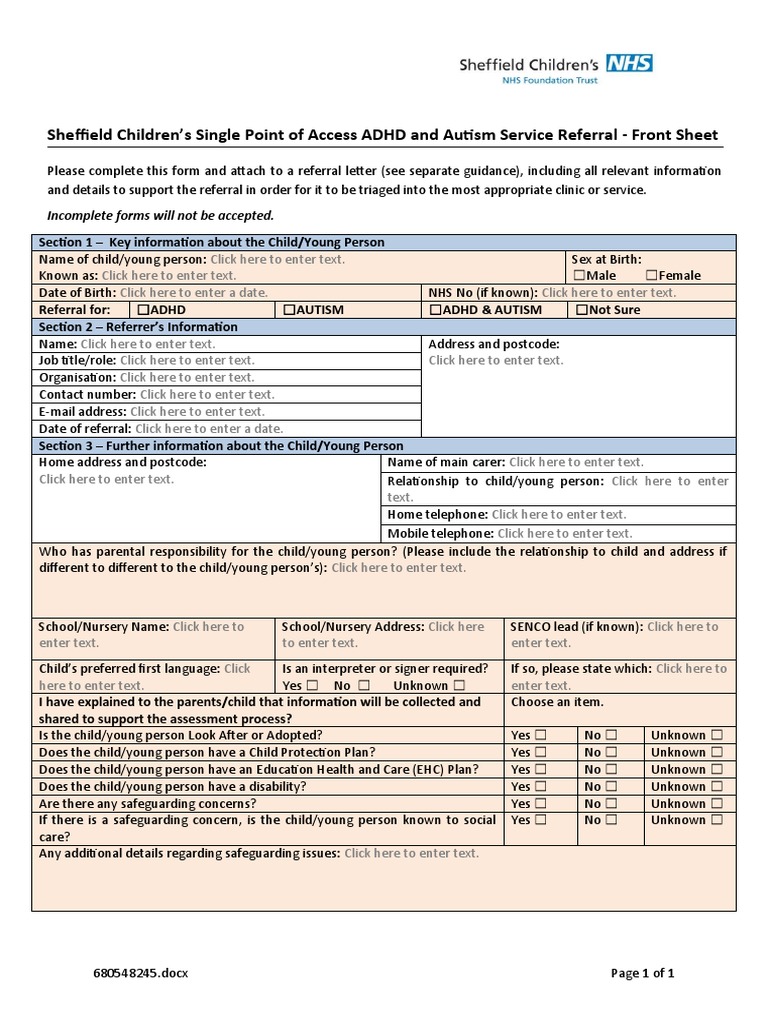 Neurodevelopmental Referral Form Front Sheet | PDF | Health Care ...