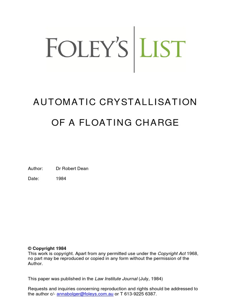 Automatic Crystallisation of A Floating Charge - Dean - 1984 | PDF ...