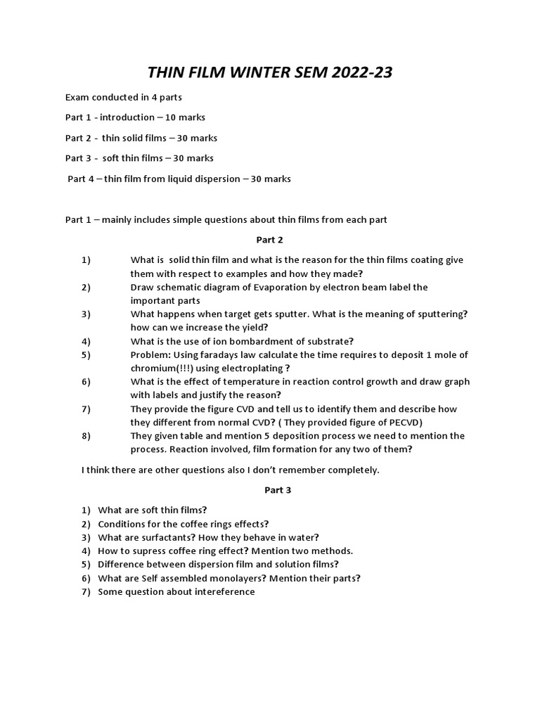 Thin Film Exam Guide Winter 2022-23 | PDF | Science & Mathematics ...