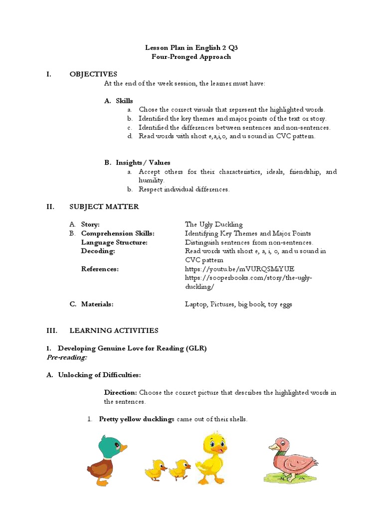 Lesson Plan in English 2 Q3 Literacy | PDF | Duck | The Ugly Duckling