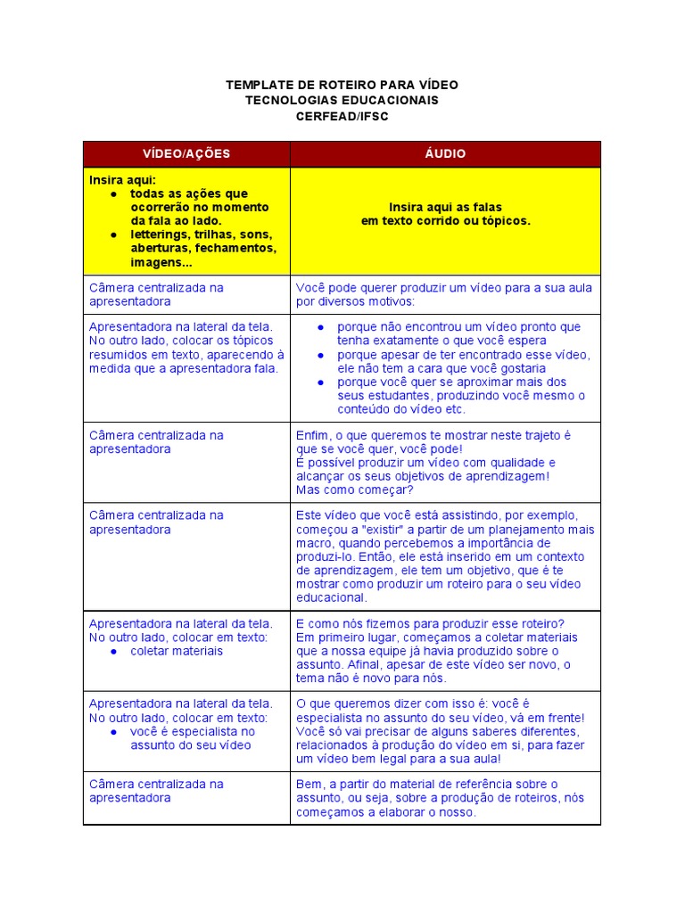 Template - Roteiro para Vídeo | PDF | Vídeo | Tecnologia educacional