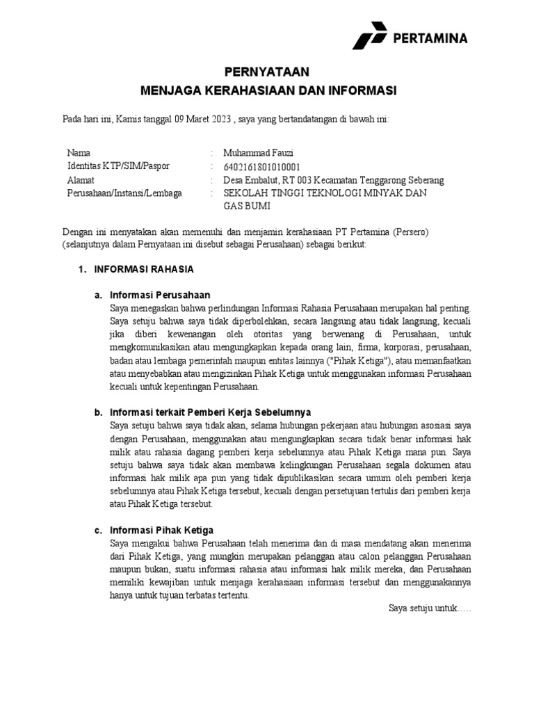 Surat Pernyataan Kerahasiaan Program TA | PDF