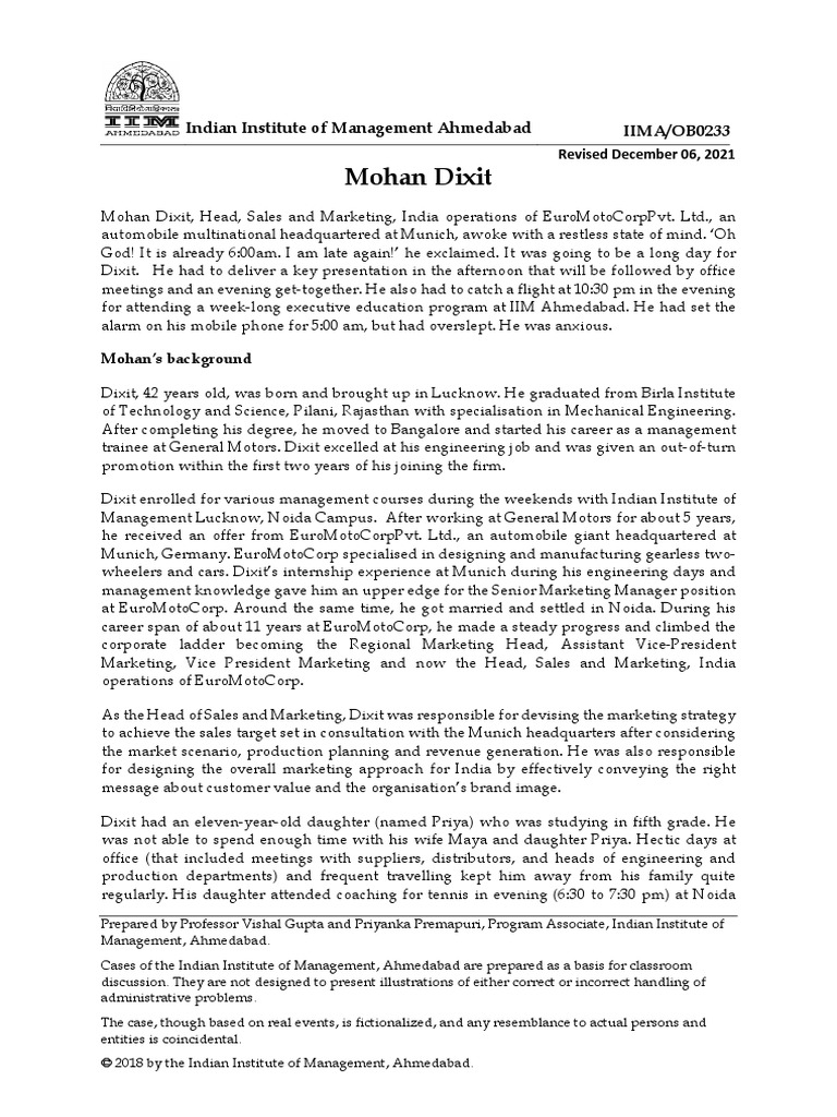 Mohan Dixit Case Study - Session - 4 | PDF | Marketing