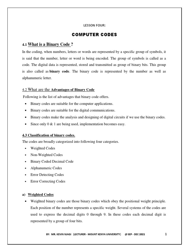 Lesson 4 Computer Codes Pdf Binary Coded Decimal Ebcdic