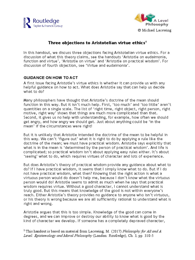 Aristotle Three Objections | PDF | Virtue | Virtue Ethics