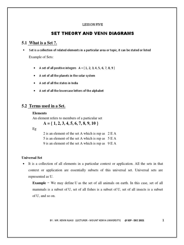 Lesson 5 Sets And Venn Diagrams Pdf Set Mathematics Empty Set