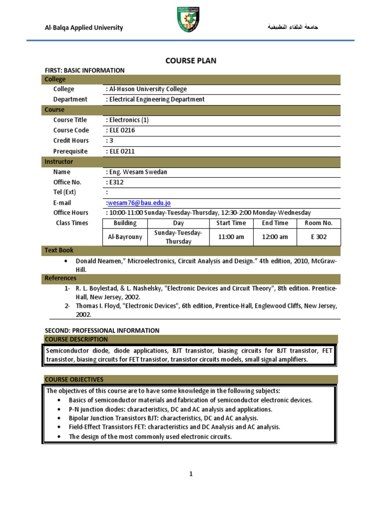 Electronics-1-Course Syllabus-New | PDF | Transistor | Bipolar Junction ...