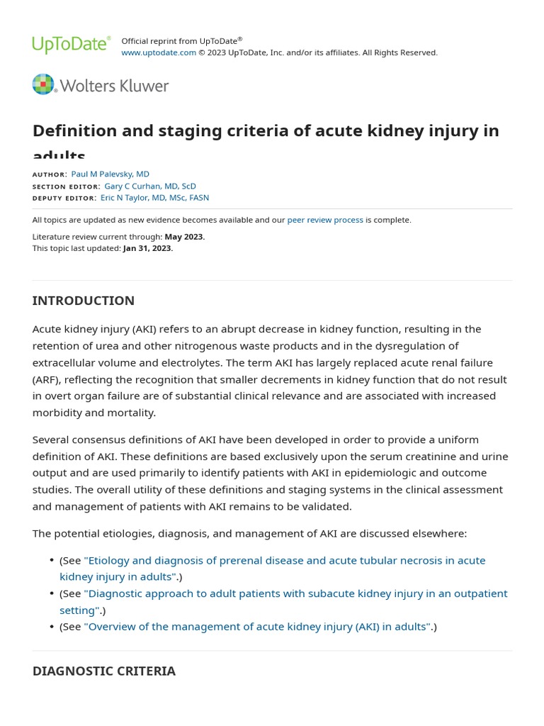 Definition and Staging Criteria of Acute Kidney Injury in Adults ...