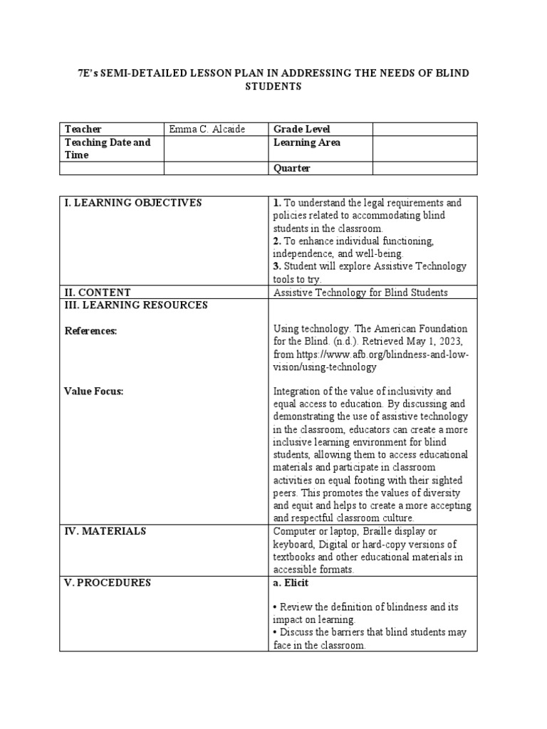 Lesson Plan for Blind Students' Needs | PDF | Visual Impairment | Human ...