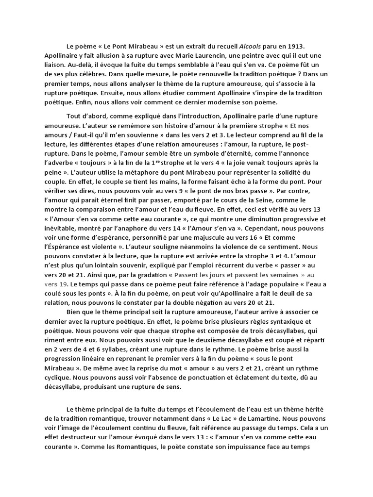 Analyse du Pont Mirabeau d'Apollinaire | PDF | Poésie | Amour