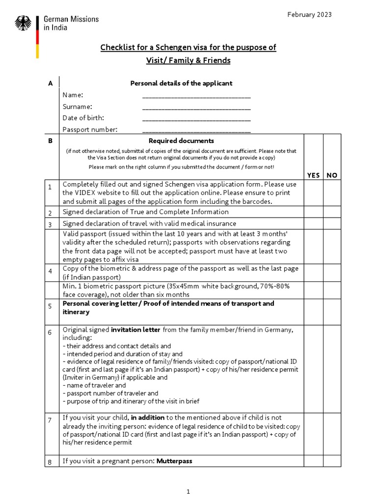 Schengen Visa Checklist for Family Visits | PDF | Travel Visa | Passport